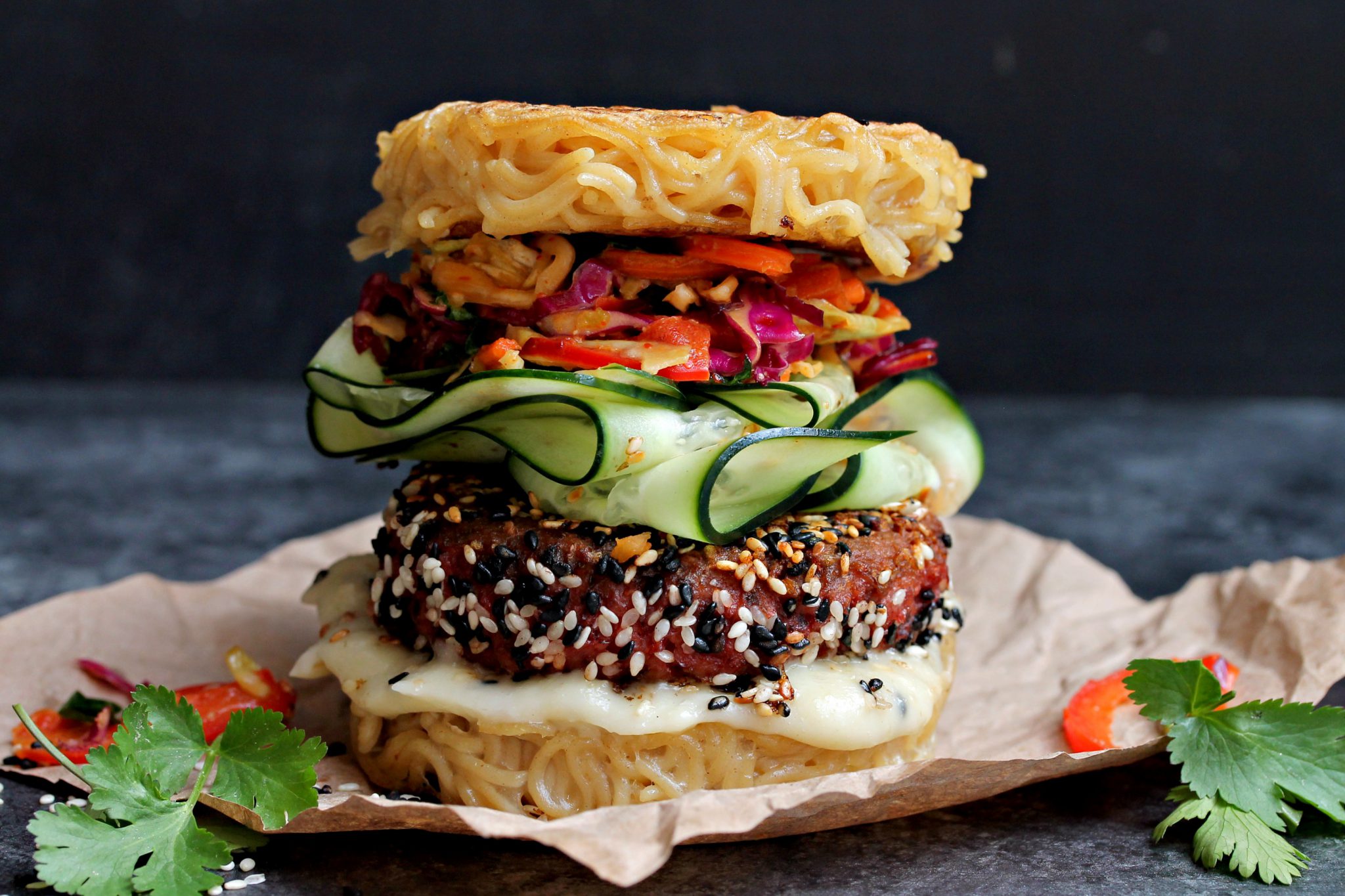 Asian Inspired Ramen Bun Burger with Kimchi Slaw & Wassabi Mayo (Vegan ...