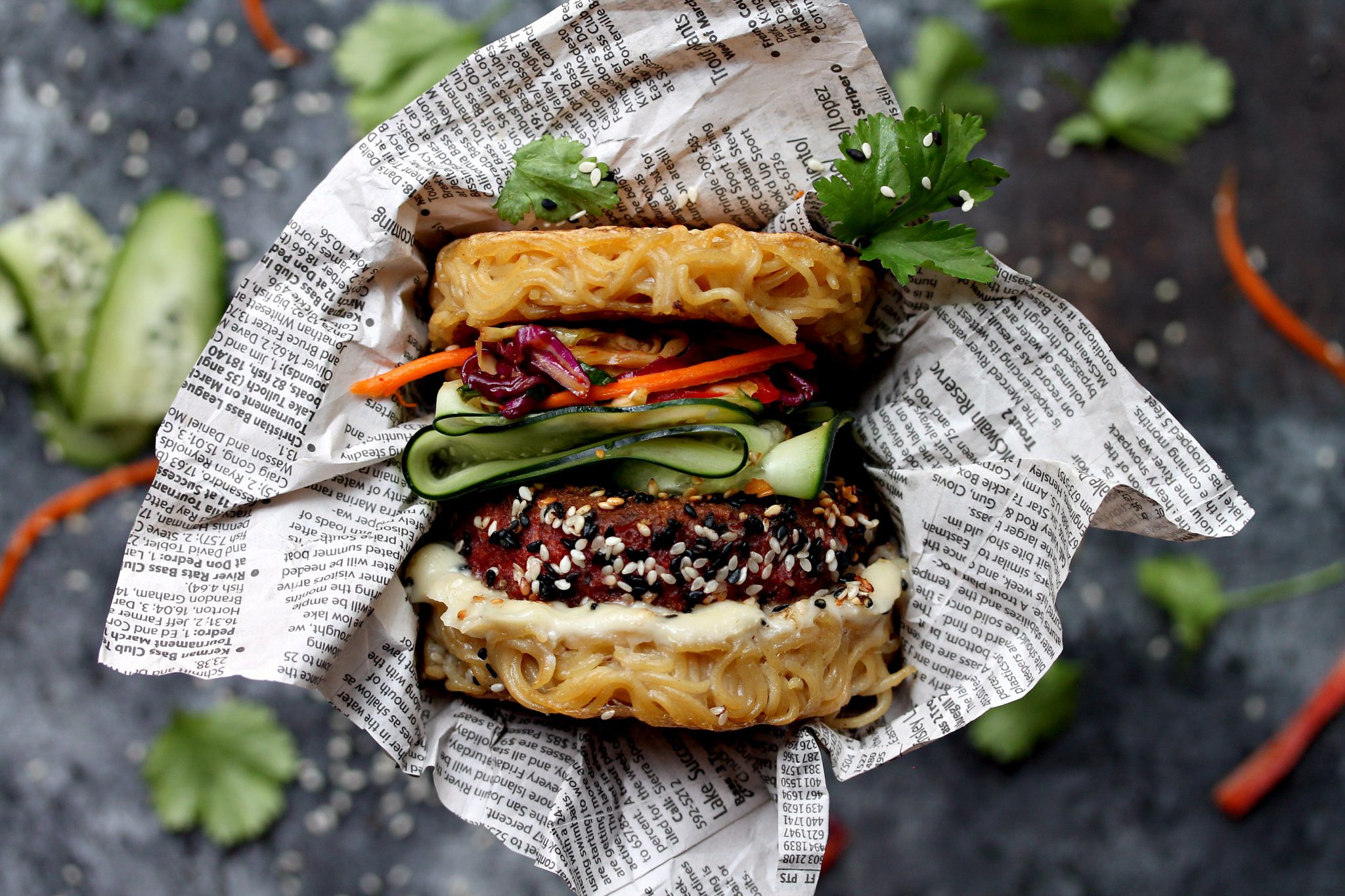 Asian Inspired Ramen Bun Burger with Kimchi Slaw & Wassabi Mayo (Vegan ...