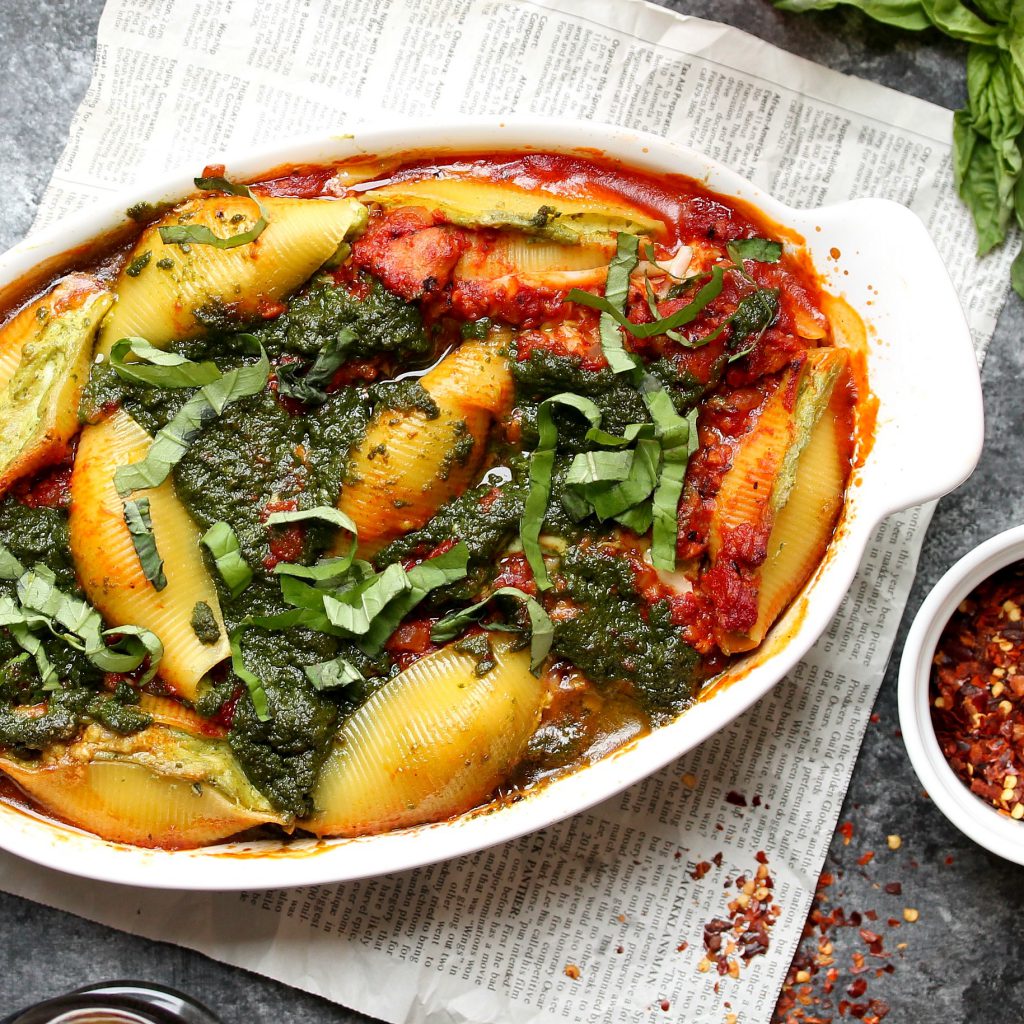 Cheesy Vegan Pesto Stuffed Shells - Eat Figs, Not Pigs