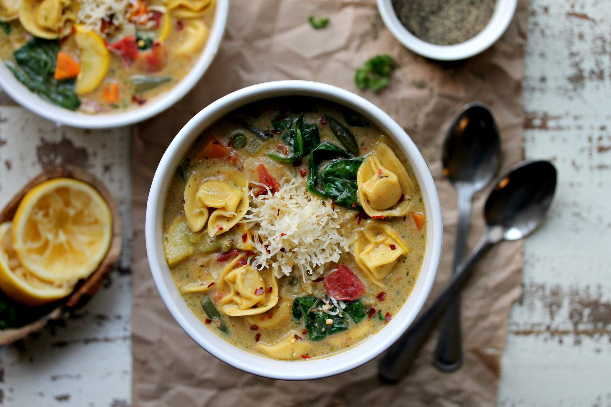 Creamy Vegan Tortellini and Vegetable Soup with Pesto - Eat Figs, Not Pigs