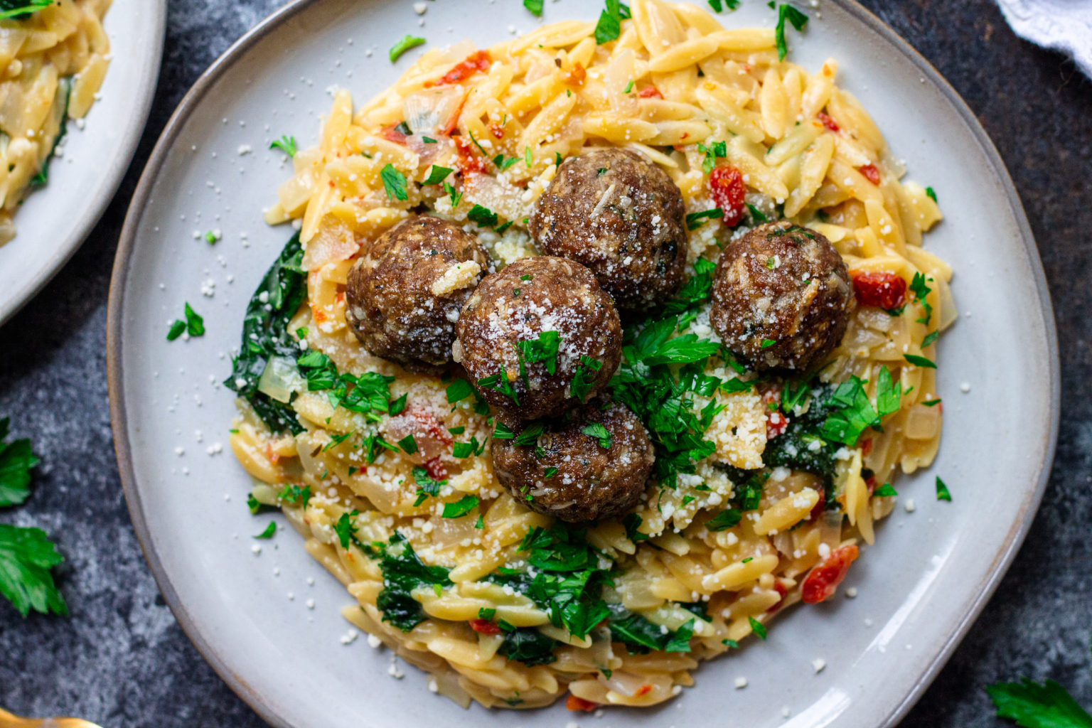 Herby Meatballs with Creamy Kale Orzo - Eat Figs, Not Pigs