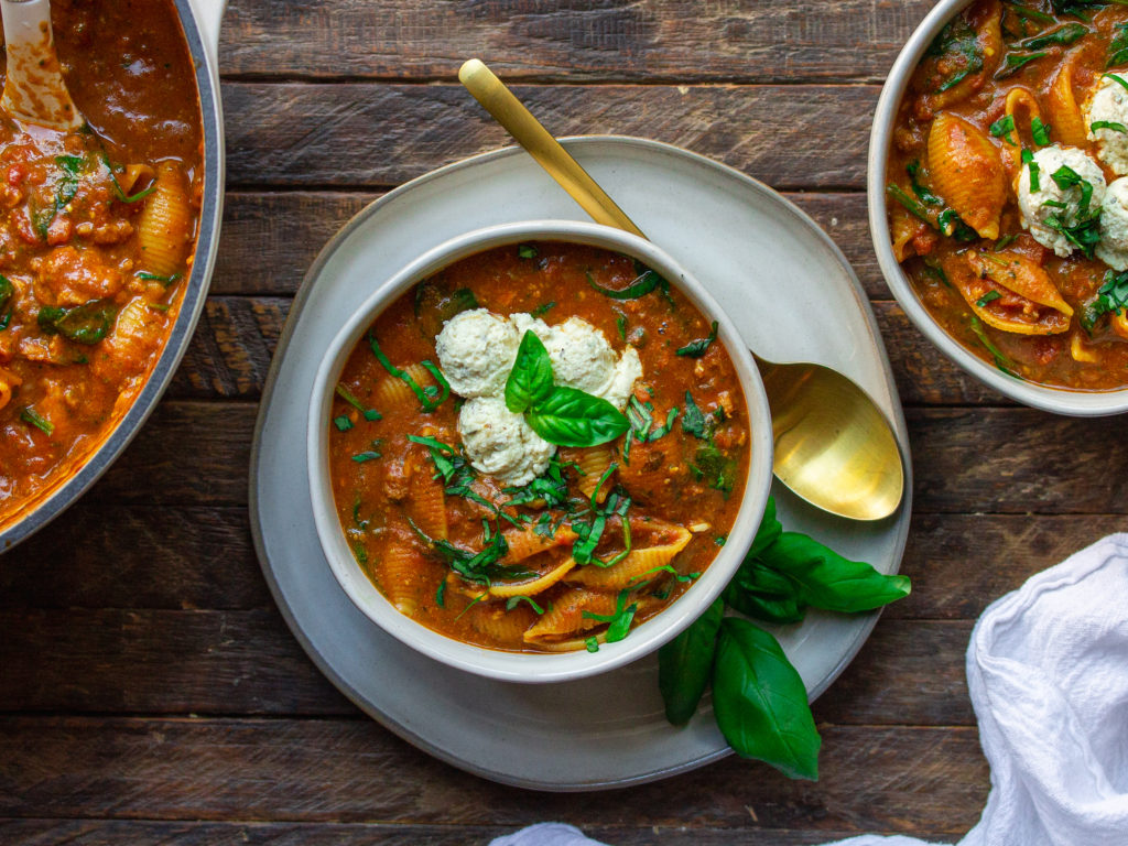 Cheesy Pesto Unstuffed Shell Soup - Eat Figs, Not Pigs