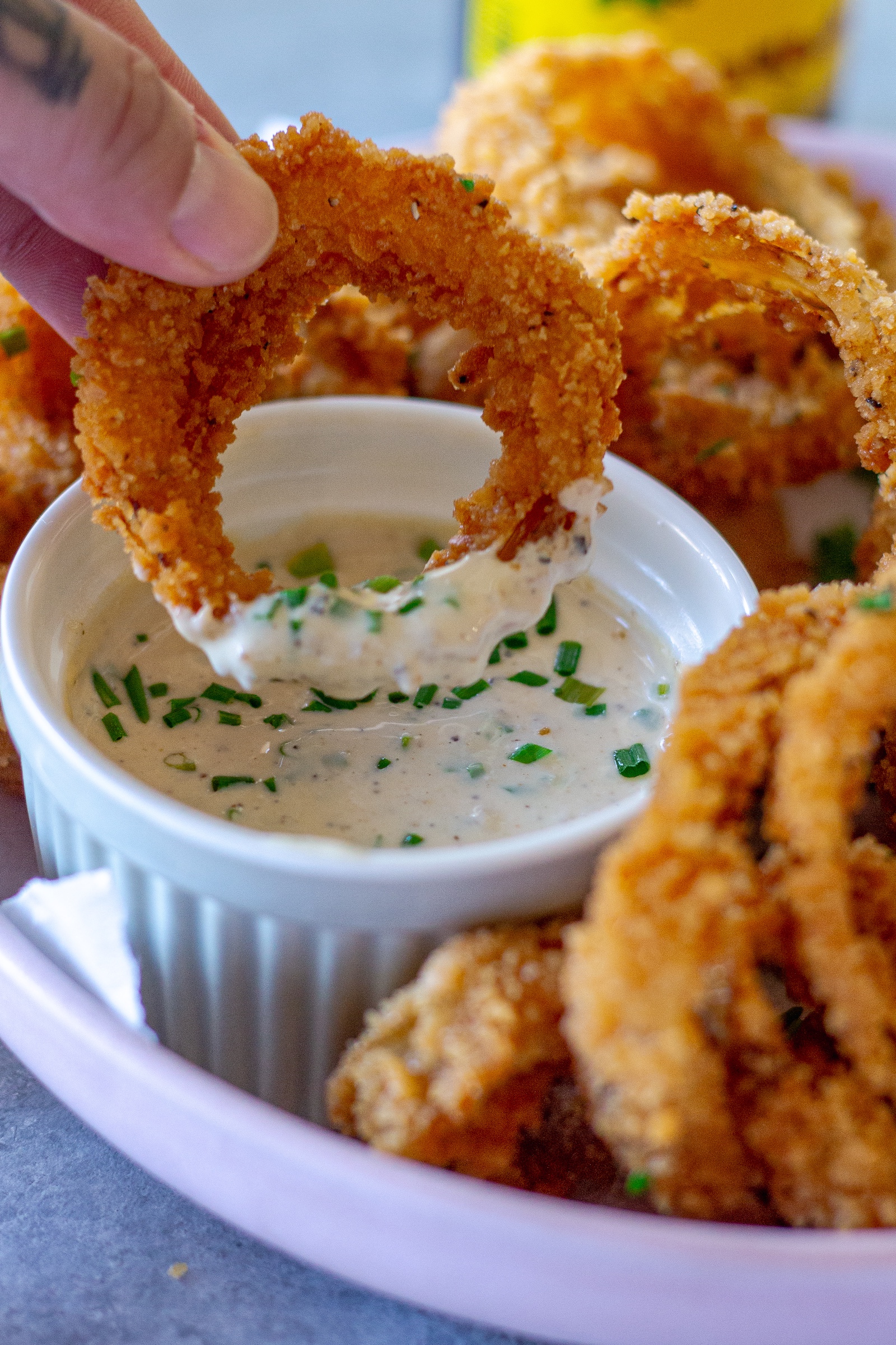 Crispy Onion Rings with White BBQ Sauce - Eat Figs, Not Pigs